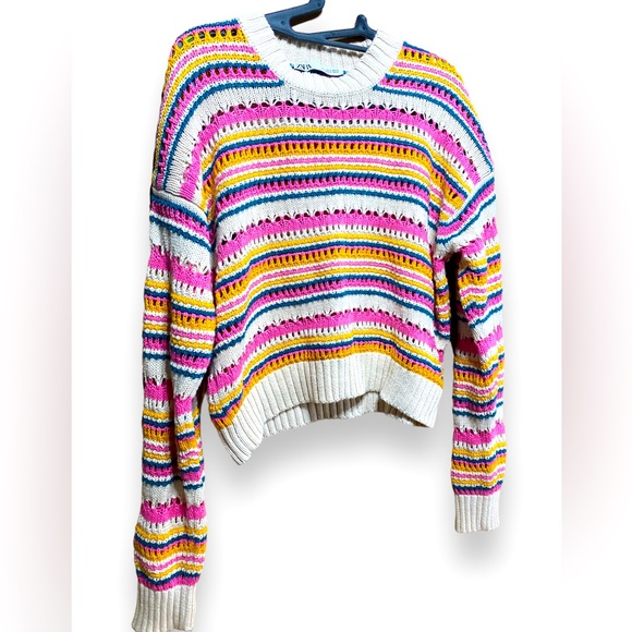 Zara | Sweaters | L Zara Sweater Rainbow Crochet Multicolor Knit Crop ...